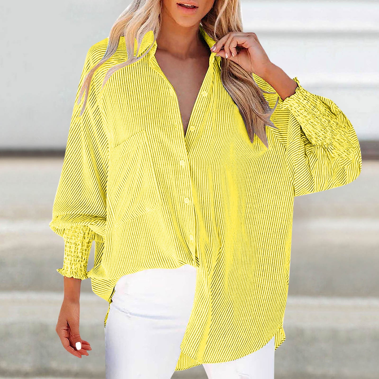 Click here for Shixiaoo Womens Smocked Striped Boyfriend Shirt Wi... prices