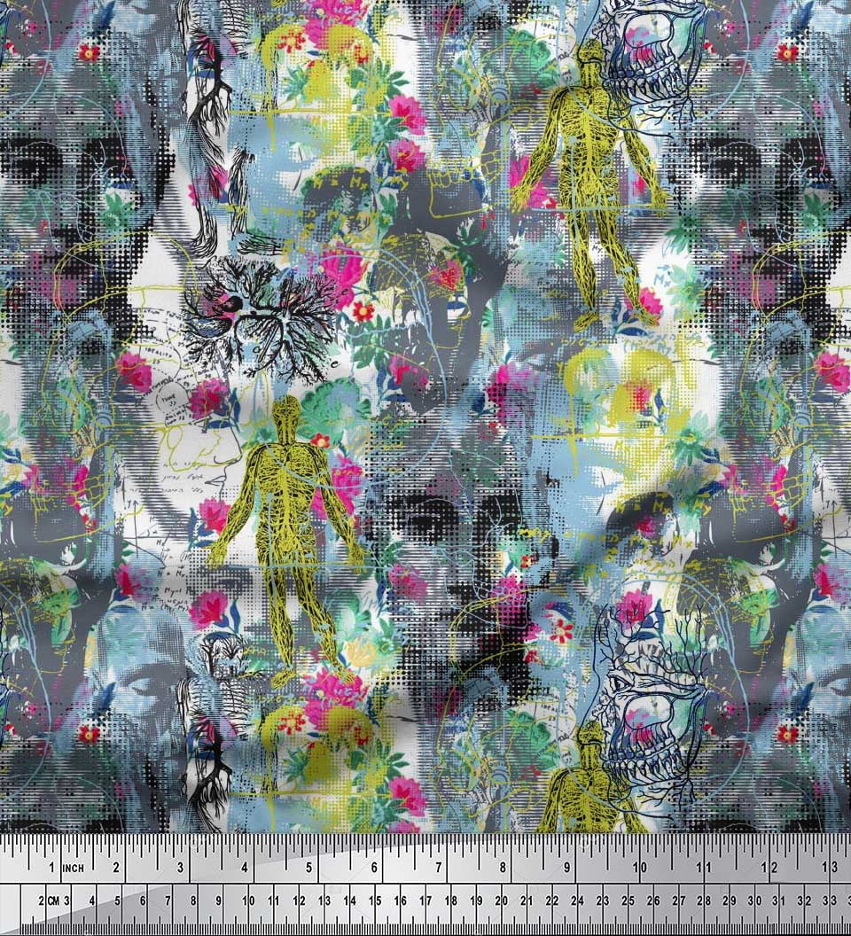 Soimoi Satin Silk Fabric Human Body & Skull Halloween Print Sewing ...