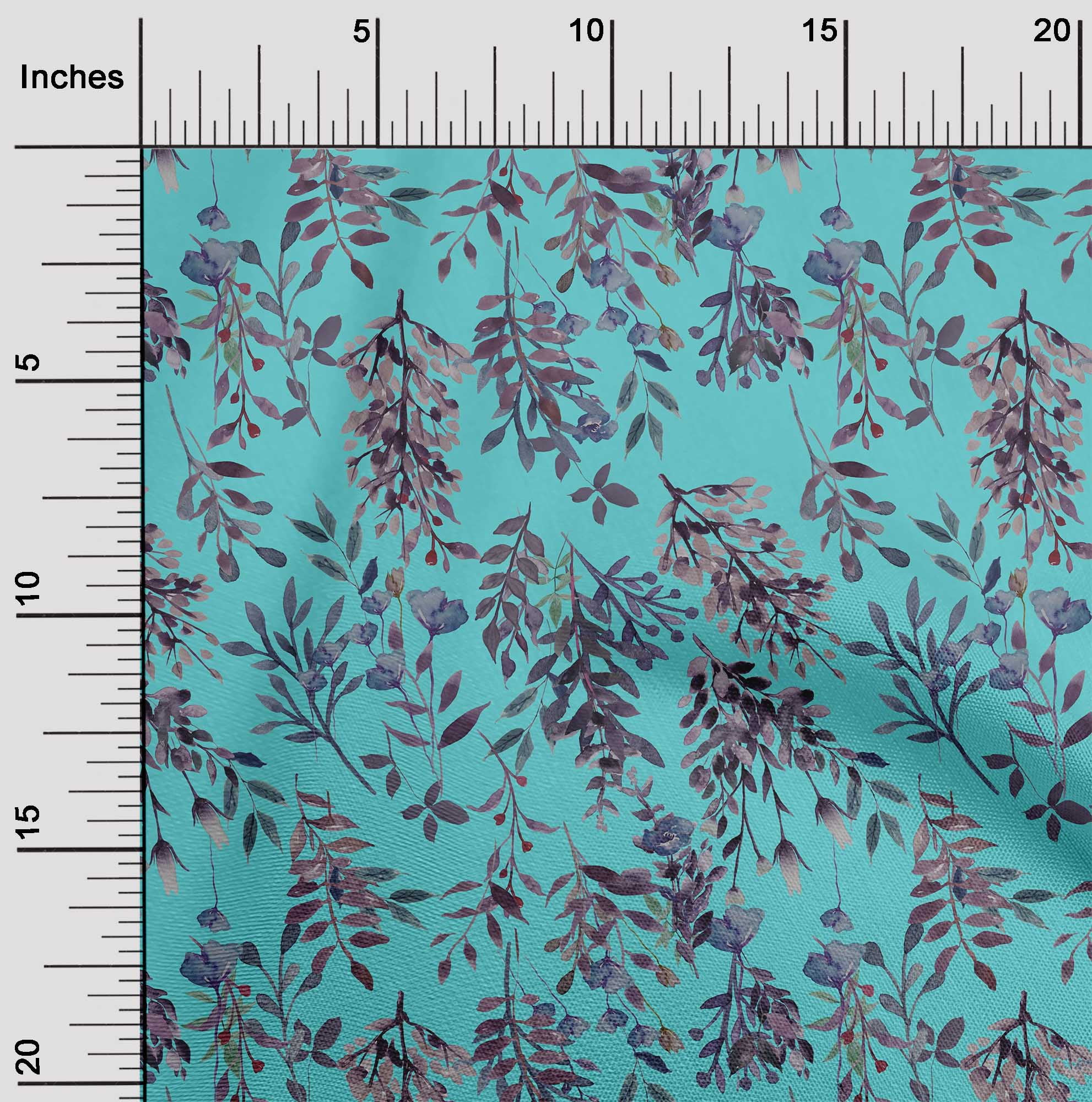 oneOone Cotton Poplin Turquoise Blue Fabric Leaves & Floral Texture ...