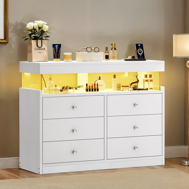 Dextrus Dresser with LED Light, 6 Drawers Dresser with Charging Station ...
