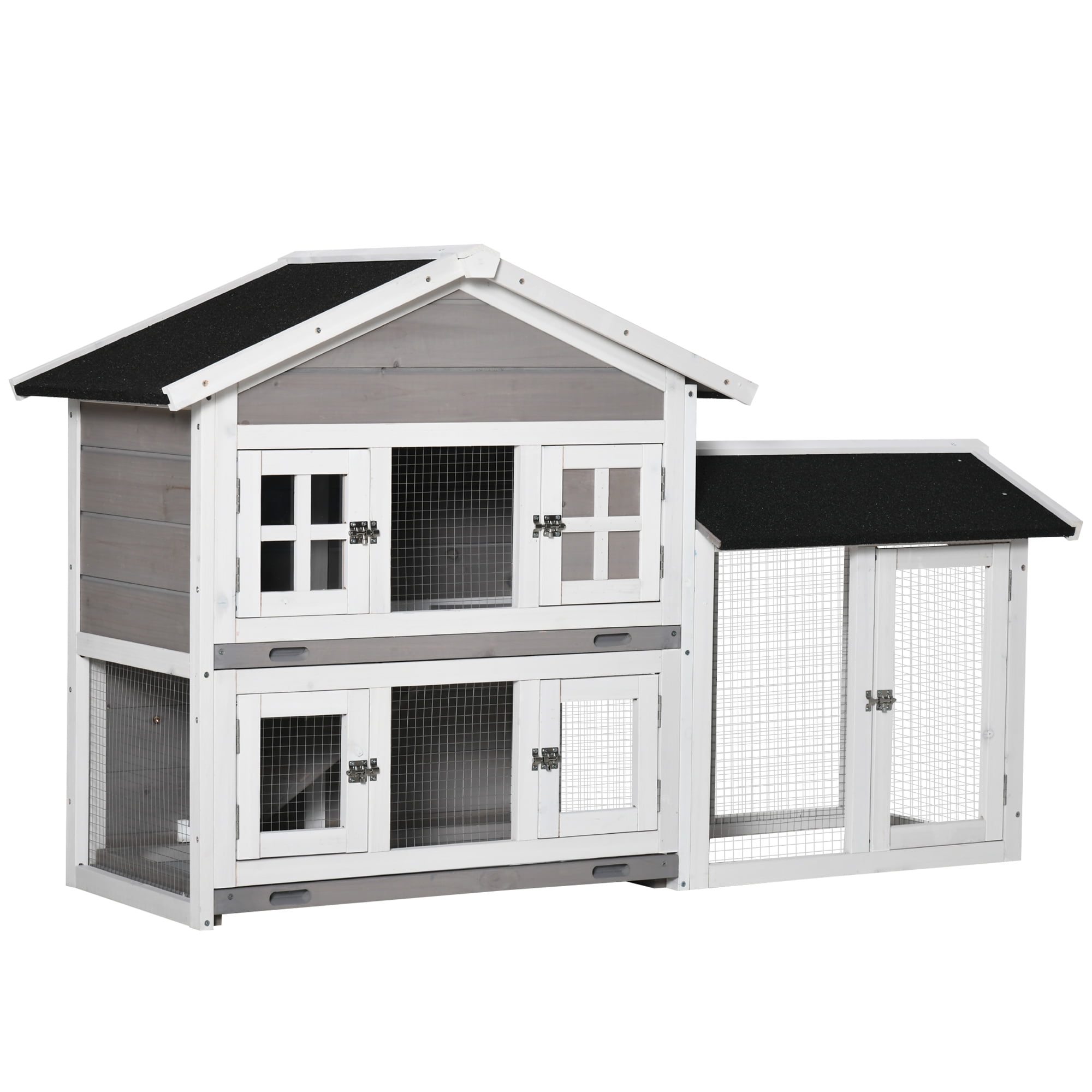 PawHut 59" Wooden Rabbit Hutch 2 Tier Bunny House Pet Playpen Enclosure ...