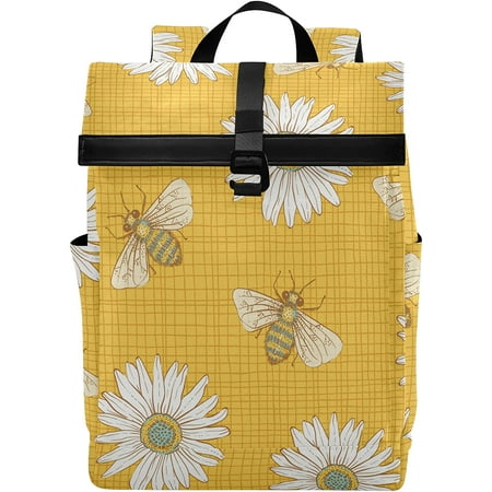 Bees And Daisy Backpack Roll Top Daypack Laptop Work Travel College Bag ...