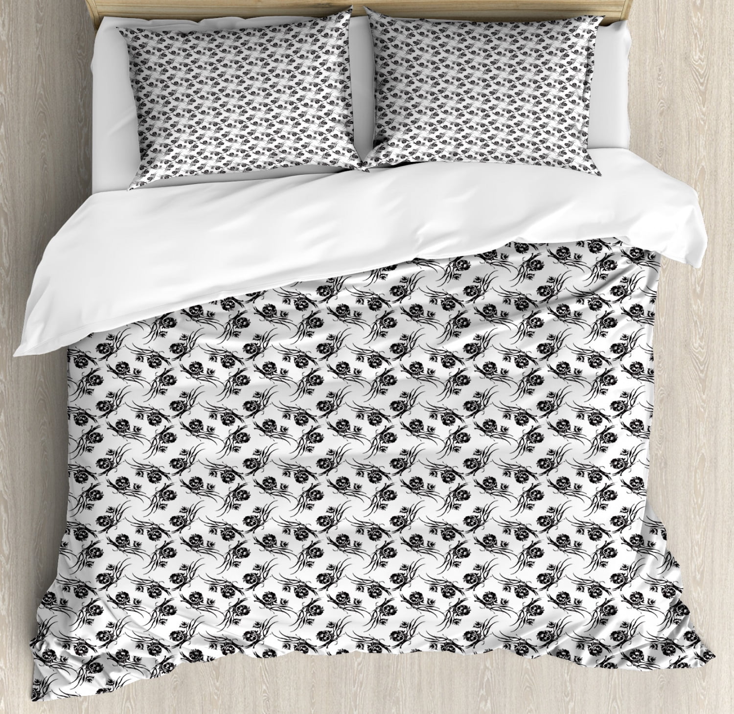 Black and White Duvet Cover Set Queen Size, Ink Brush Style Blossoming ...