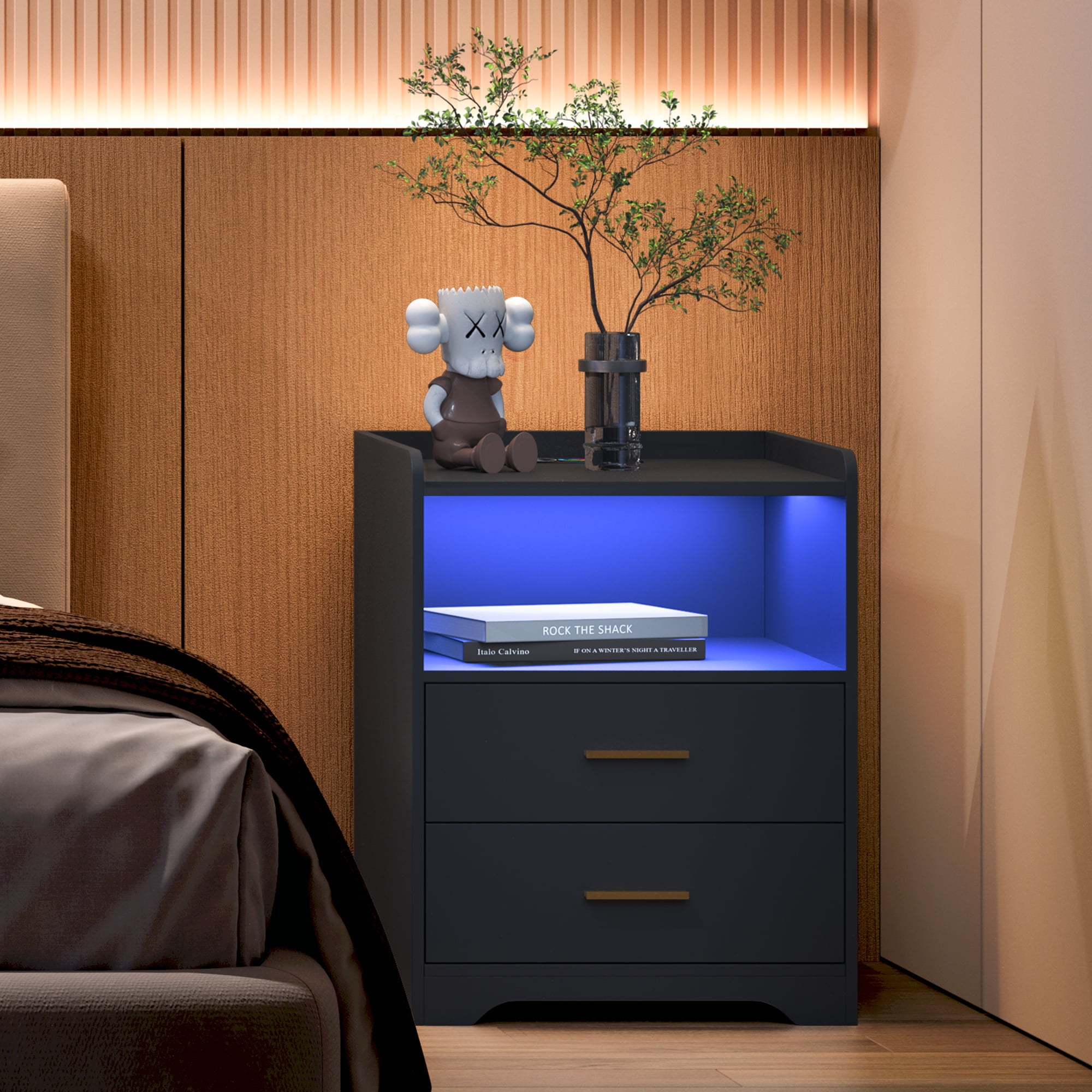 LVSOMT Black Nightstand with Wireless Charging Station and 24 Colors ...