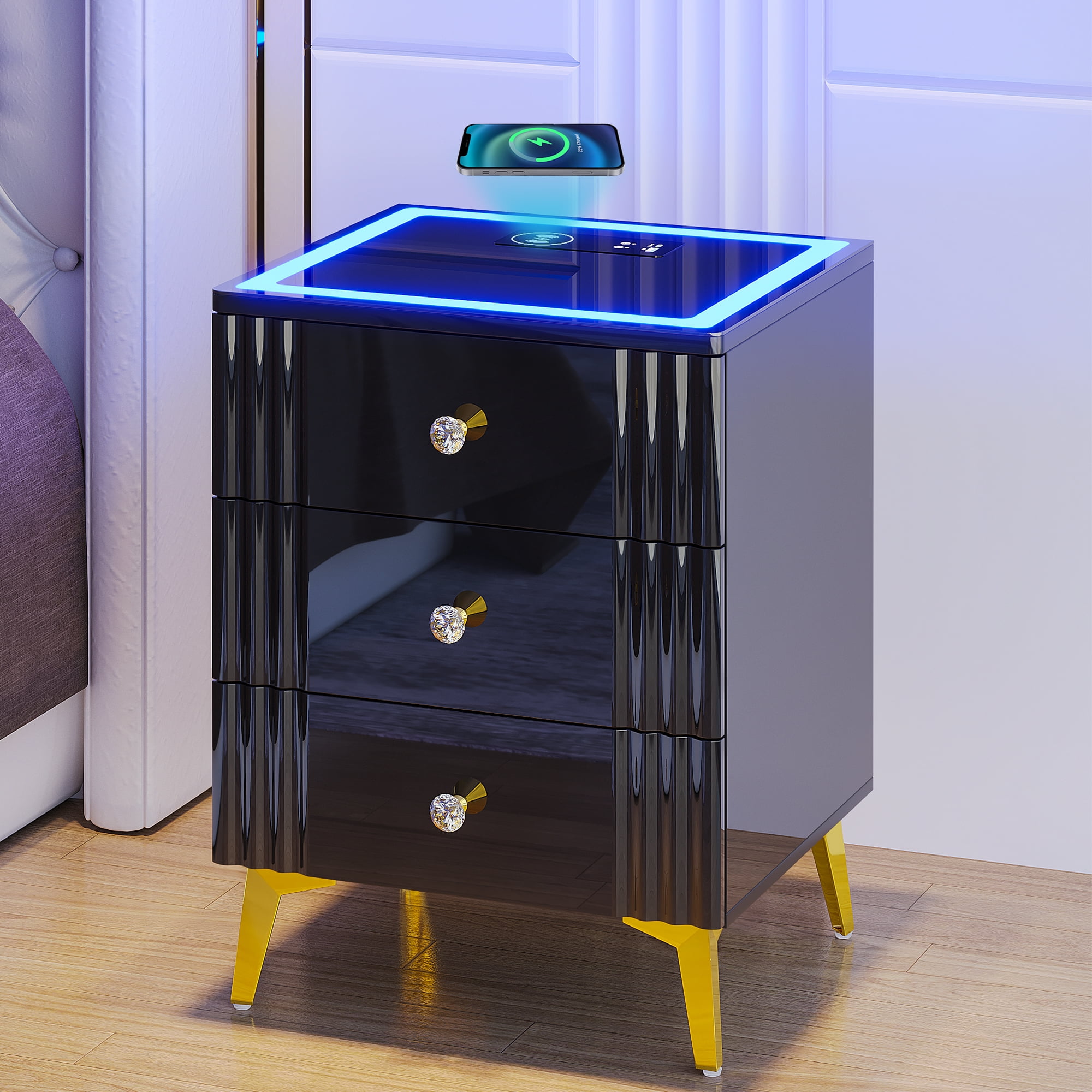 Lvifur LED Nightstand with Wireless Charger, Bedside Table with Outlets ...