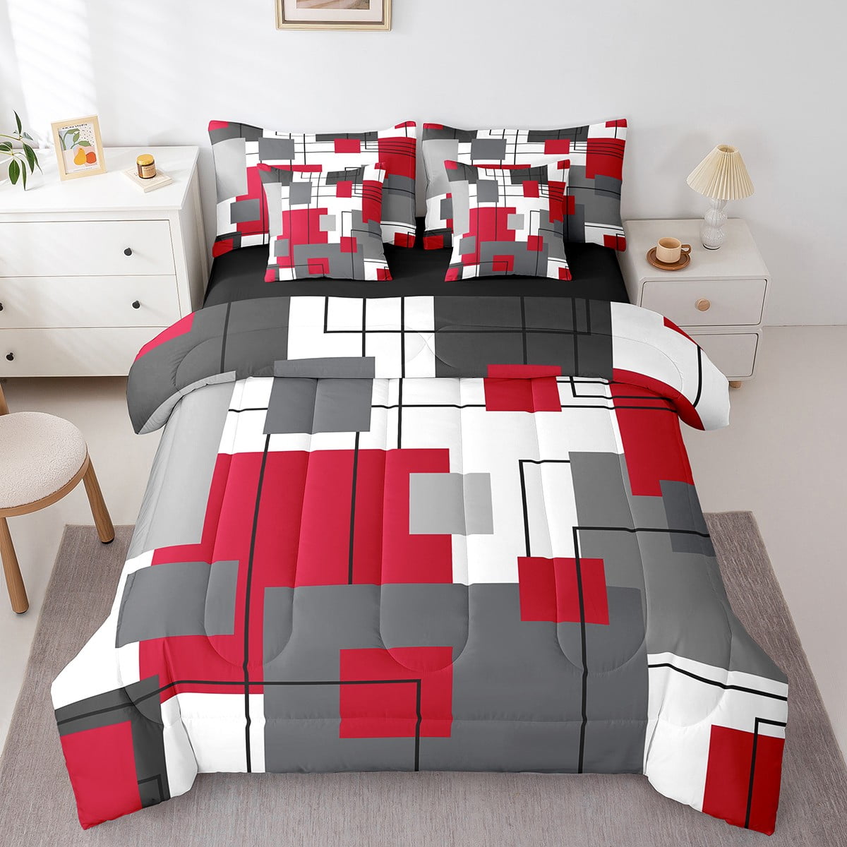 Click here for Yst Black Grey Red Comforter Set 7 Piece Queen Geo... prices