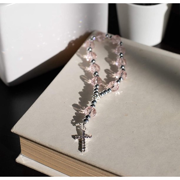 Pink Crystal Rosary Bracelet Rhinestone Cross 12 Pcs/Pack - Baptism ...