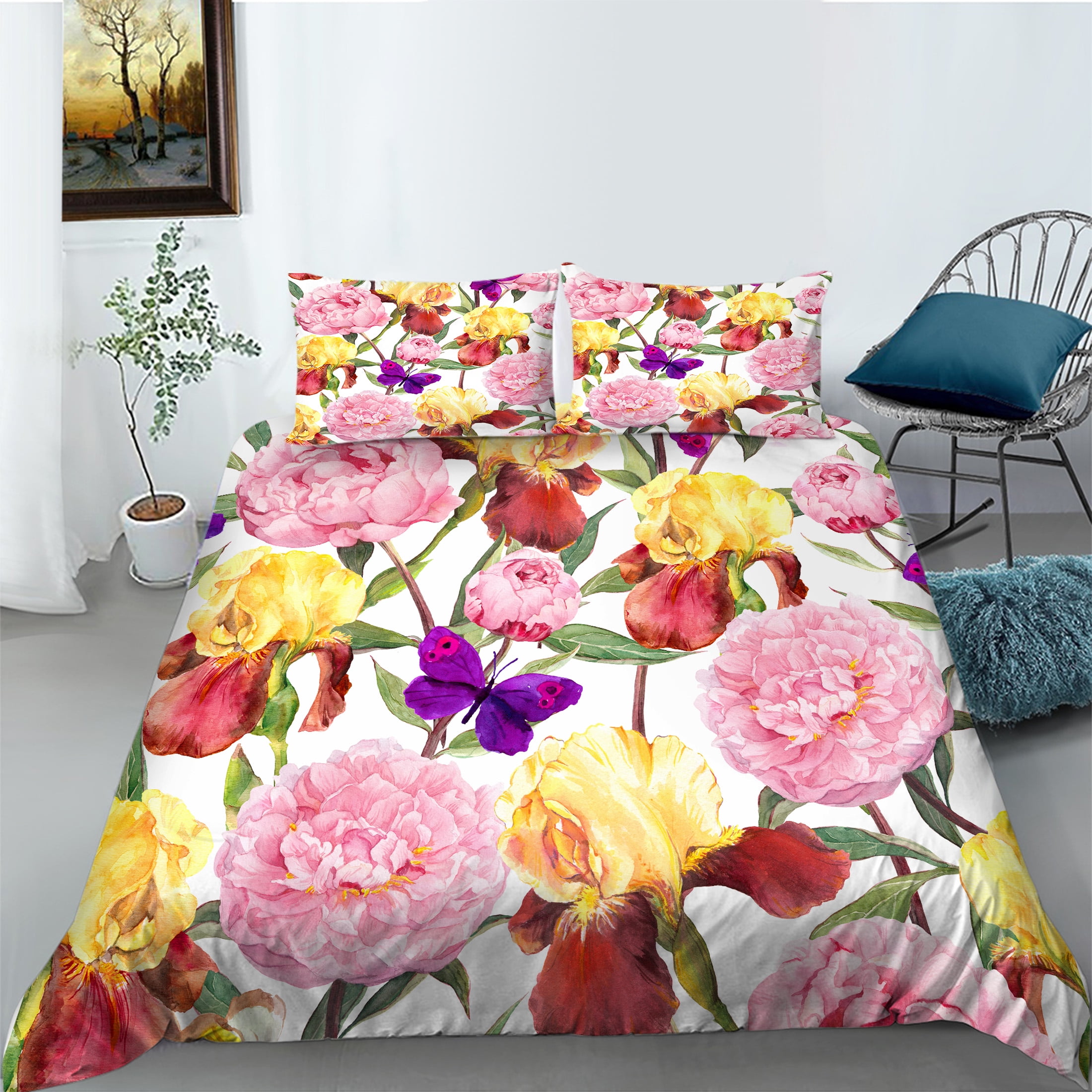 Home Bed Set Colorful Bedding Cover Set Flower and Butterfly Painting ...