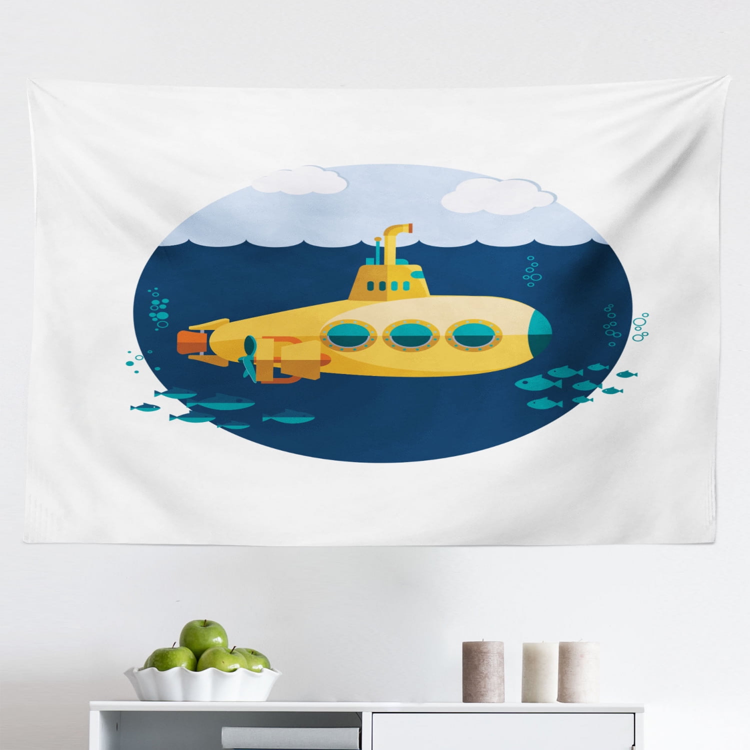 Yellow Submarine Tapestry, Undersea Periscope with Shoal of Fish ...