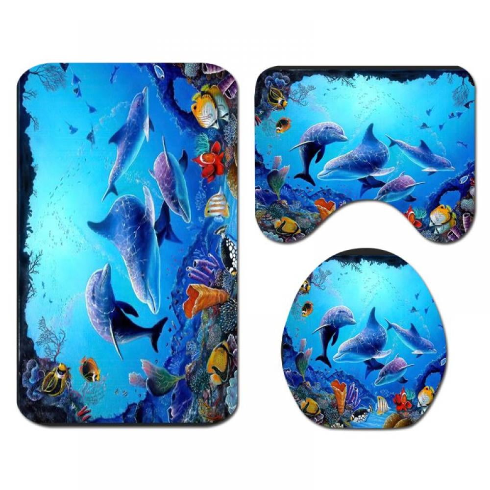 3PCS Dolphin Shower Curtain Set with Bath Mat, Base Mat and Toilet Mat ...