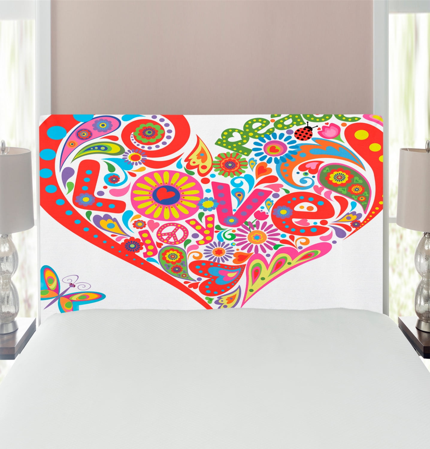 Groovy Headboard, Hippie Heart Shape Colorful Flowers Butterfly ...