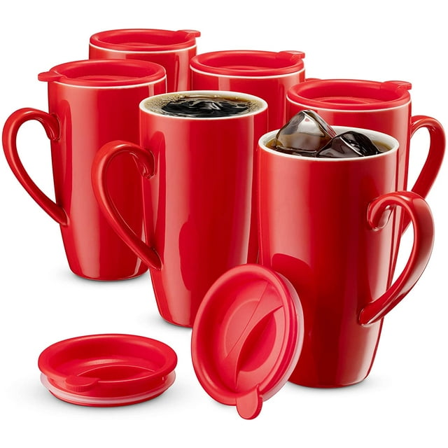 MITBAK 6-Pack Ceramic Coffee Mug Set with Lids (16-Ounce) | Large Red ...