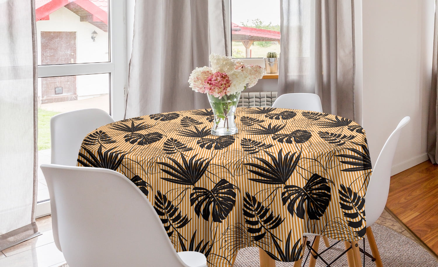 Leaves Round Tablecloth, Boho Monochrome Monstera Plants in Contour ...