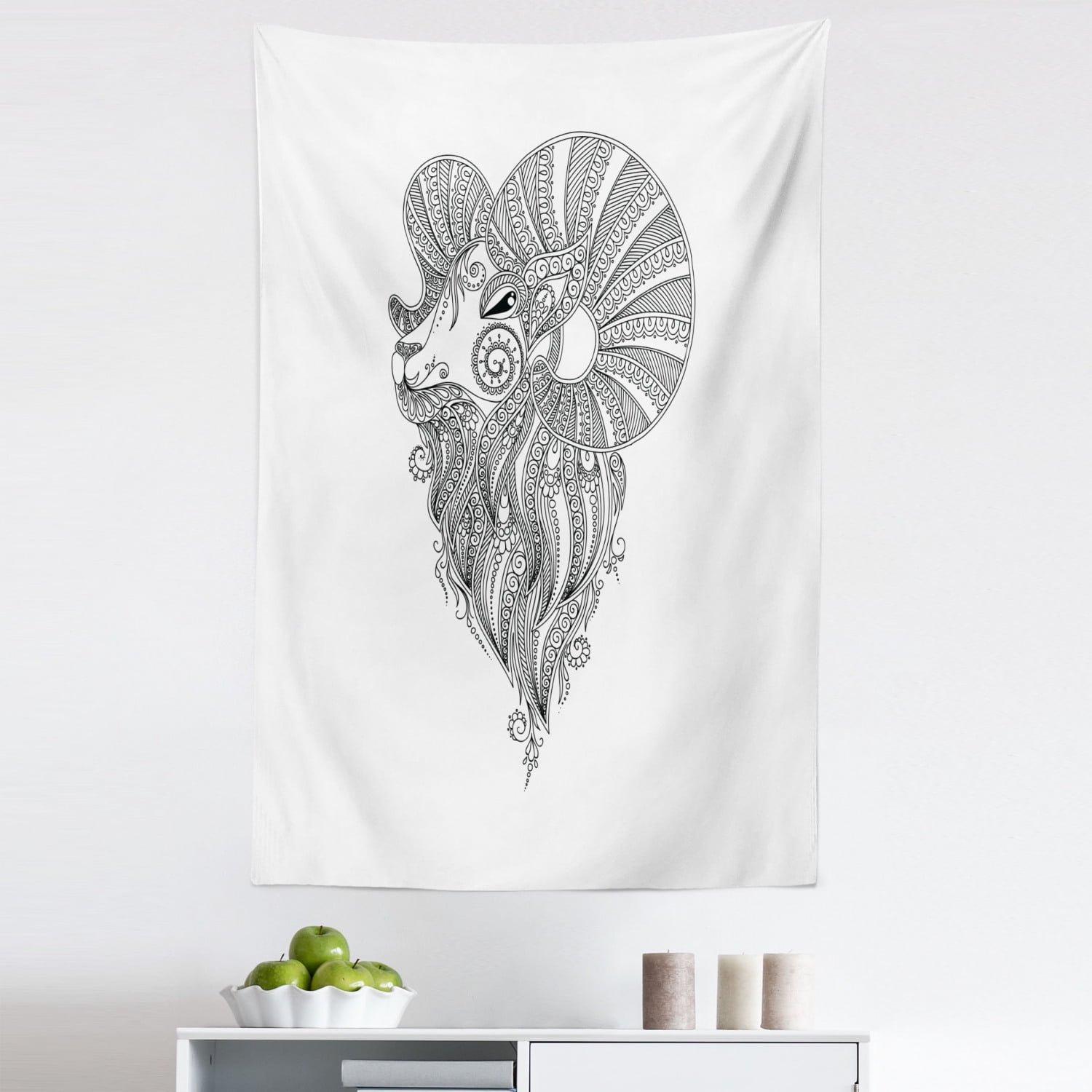 Zodiac Aries Tapestry, Zentangle Ram's Head in Tattoo Style Doodle with ...