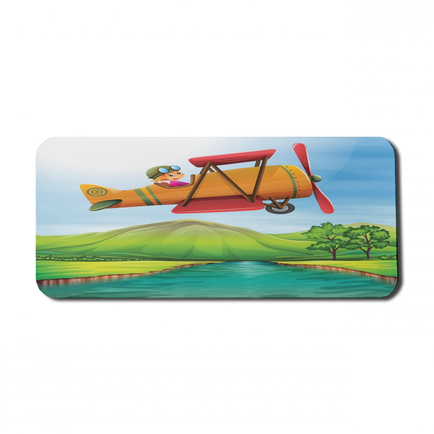 Cartoon Airplane Computer Mouse Pad, Child Girl Flying Biplane over the ...