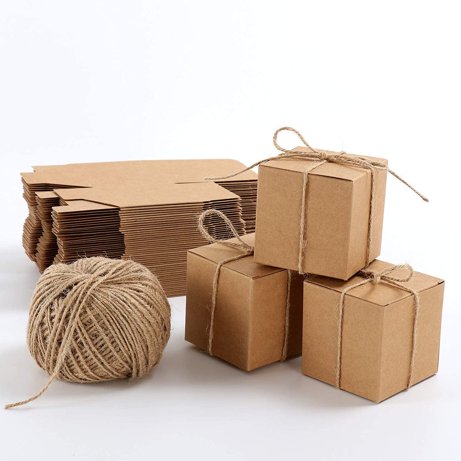 Brown Kraft Paper Box 100 Packs with Hemp Ropes 2x2x2 inch Small Paper ...