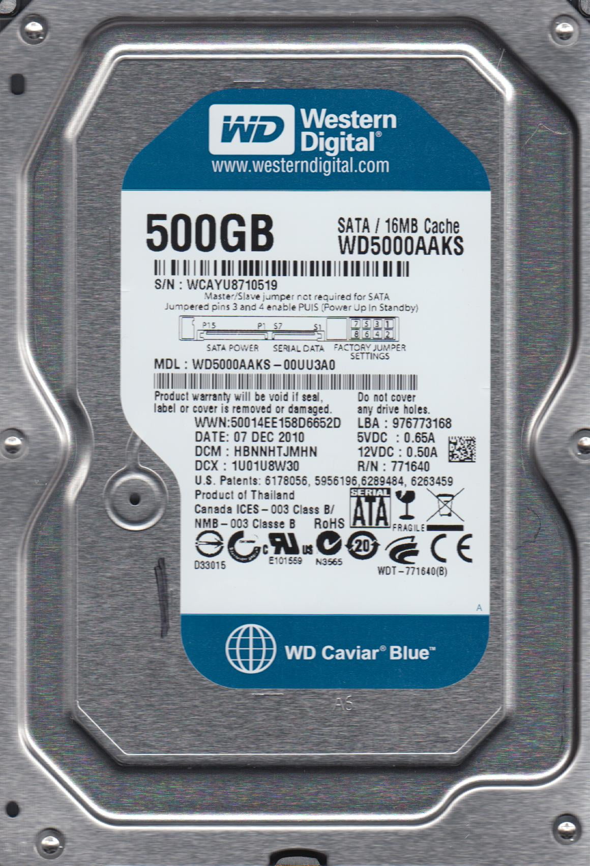 WD5000AAKS-00UU3A0, DCM HBNNHTJMHN, Western Digital 500GB SATA 3.5 Hard ...