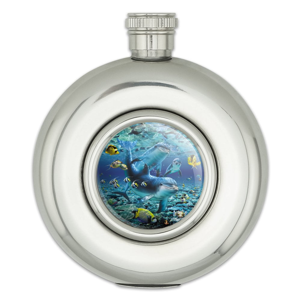 Coral Reef Diving Dolphin Pals Diving Round Stainless Steel 5oz Hip ...