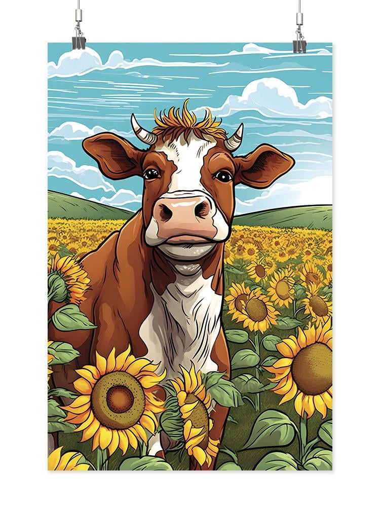Joyful Cow In Sunflower Field Poster - Smartprints Designs, Poster ...