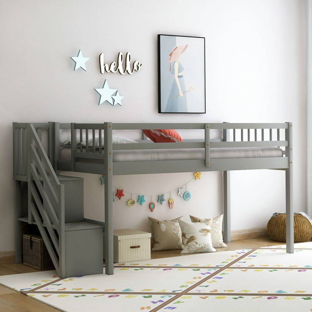 Floor Loft Bed, Twin Low Loft Bunk Kids Bed with Guard Rail Ladder ...