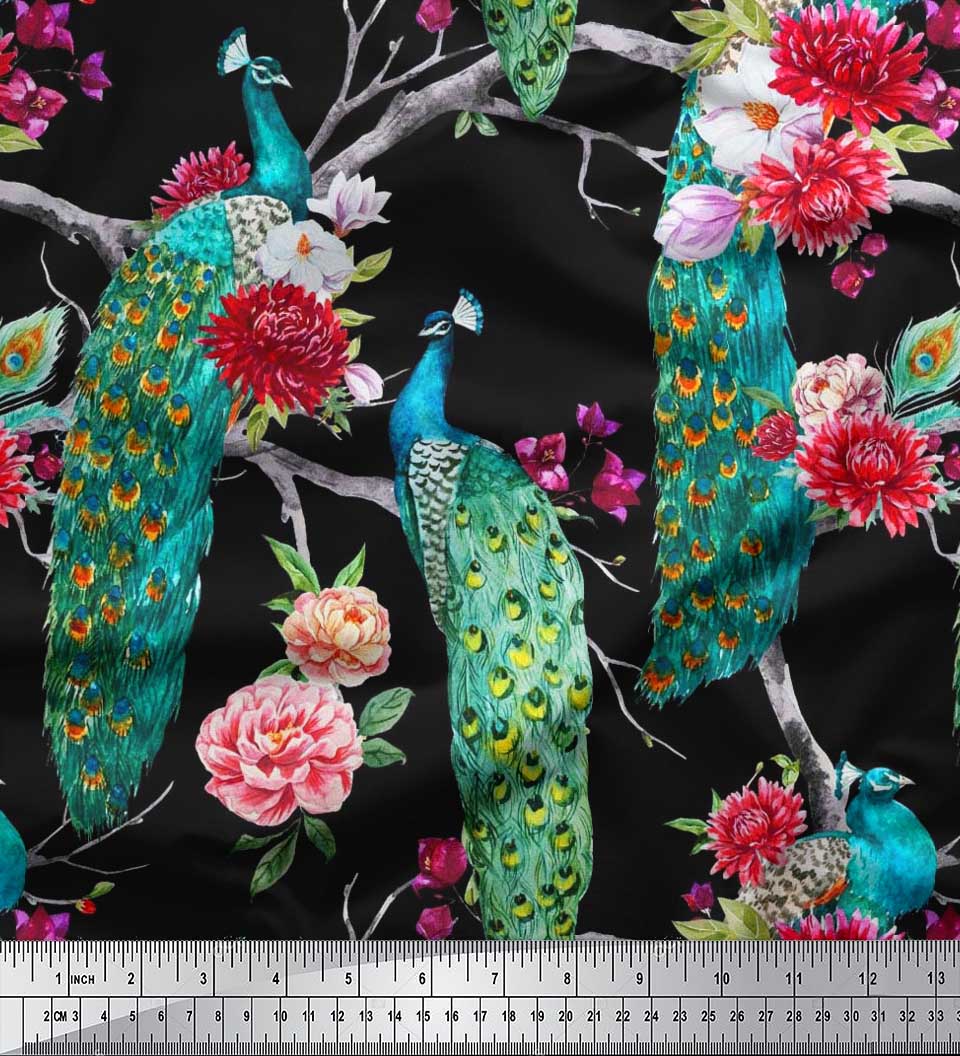 Soimoi Cotton Duck Fabric Floral & Peacock Bird Printed Fabric 1 Yard ...