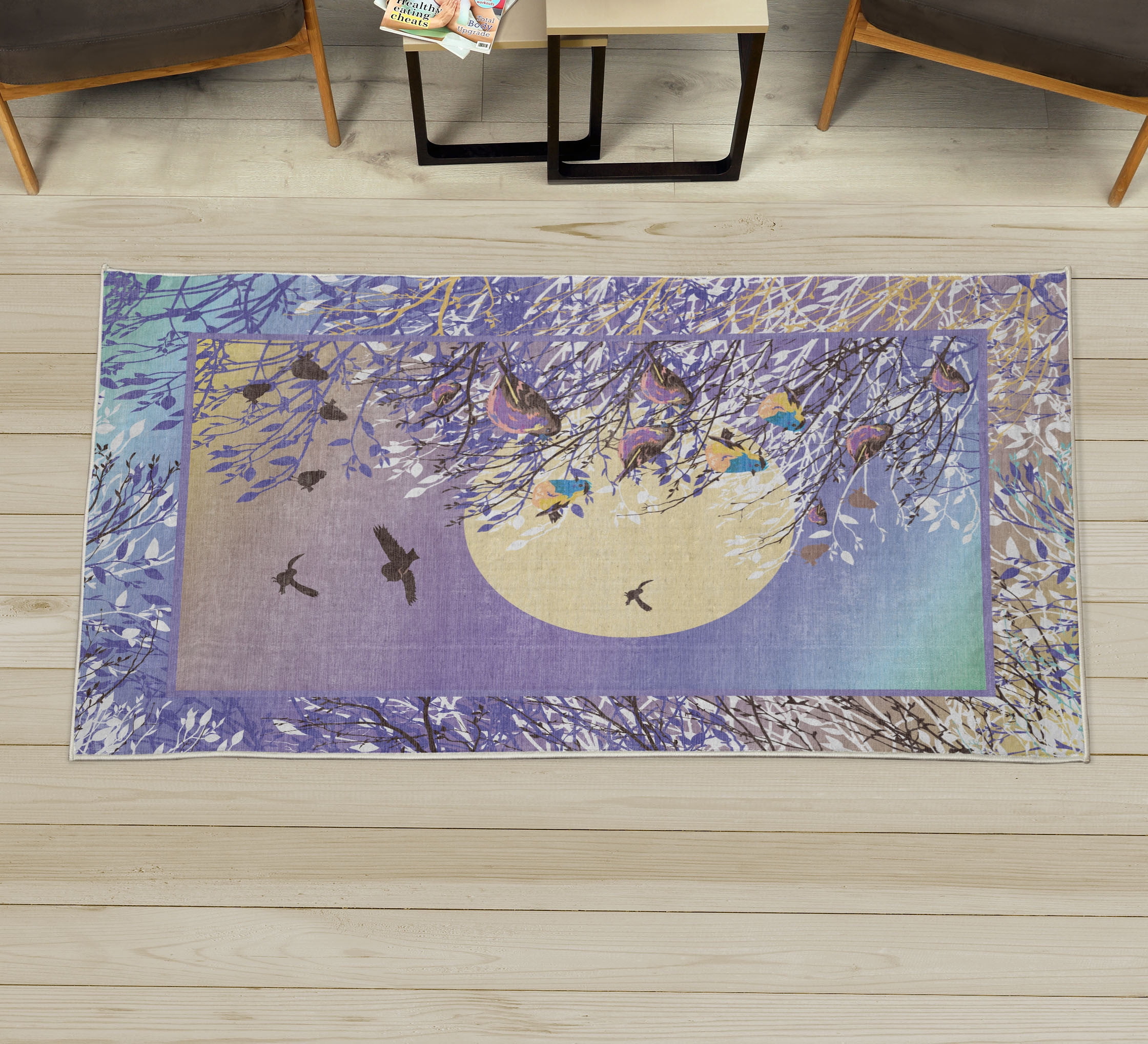 Birds Decorative Rug, Nature Themed Design of Flying Animals on Bare ...