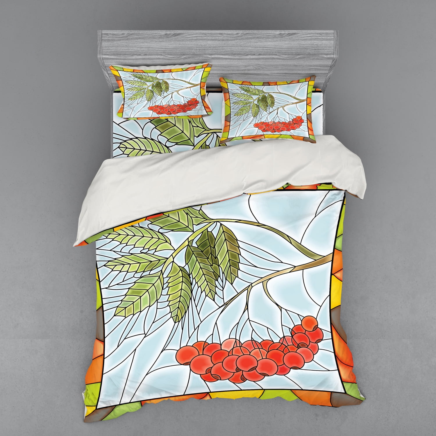 Christmas Duvet Cover Set, Rowan Branch Motif on a Stained Glass Frame ...