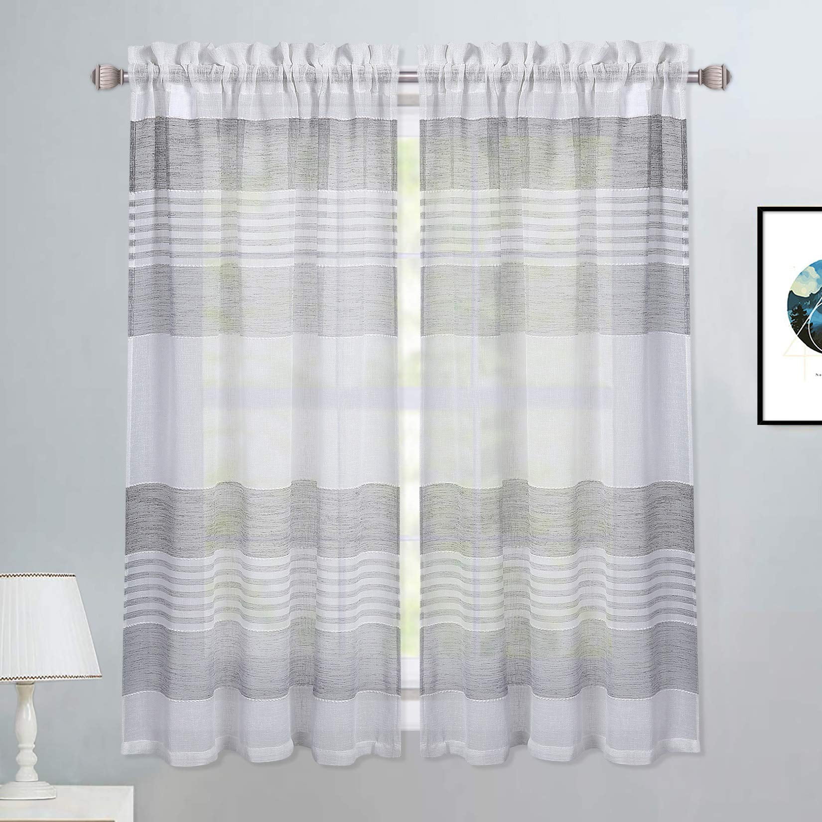 Kitsin Kitchen Sheer Curtains, Splicing Striped Design Linen Textured ...