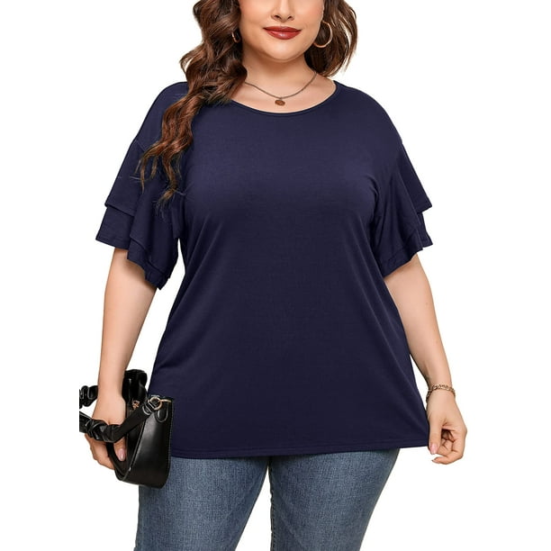 SHOWMALL Plus Size Clothes for Women Navy Blue 3X Shirt Crewneck Short ...