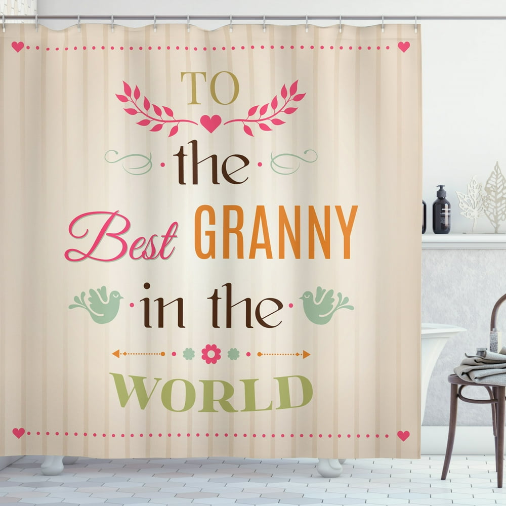 Grandma Shower Curtain Best Granny Quote With Bird Silhouettes Leaves And Arrows On Stripes