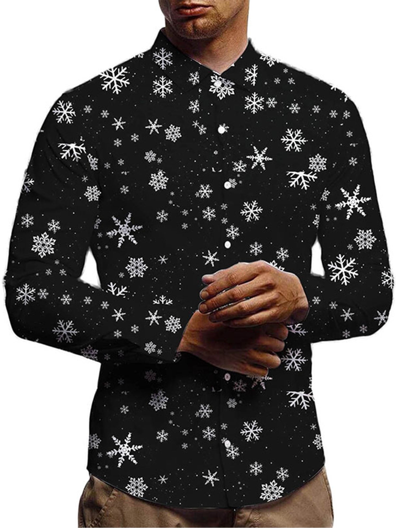Grianlook Mens Christmas Santa Claus Shirt Elk Snowflake Print Long ...