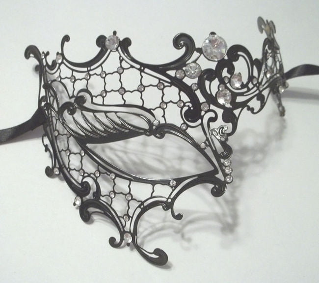 Black Phantom Laser Cut Venetian Half Mask Masquerade Metal Filigree ...