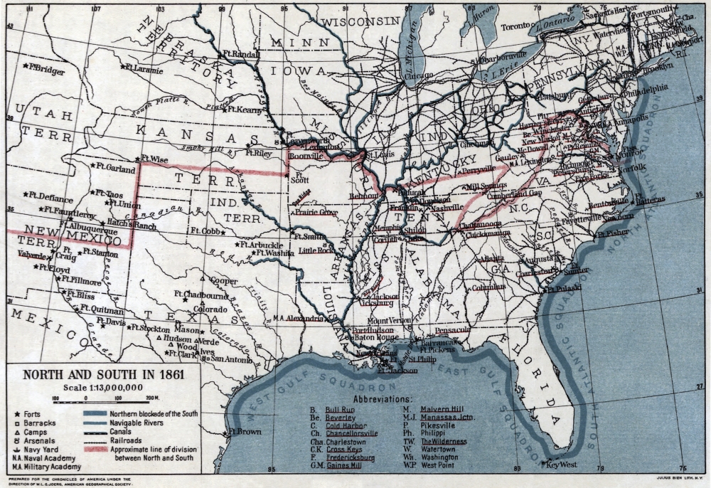 Map Civil War 1861 Nmap Showing The Division Of The North And South In ...