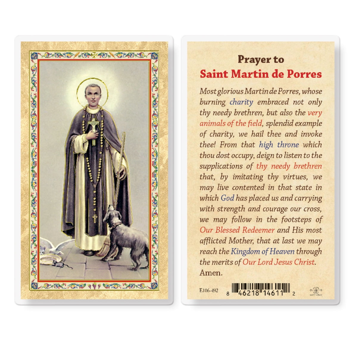 St. Martin de Porres Gold-Stamped Laminated Catholic Prayer Holy Card ...