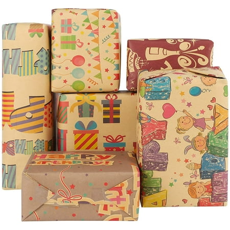 Lonbiaci Birthday Wrapping Paper, 6 Sheets Birthday Kraft Brown ...
