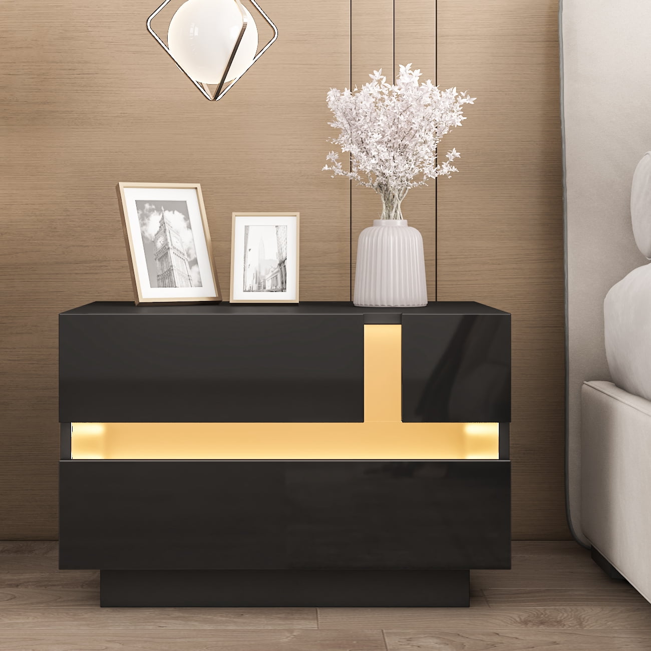 Hommpa High Gloss Led Nightstand Modern Bedside Table Bedroom 2 Drawers ...