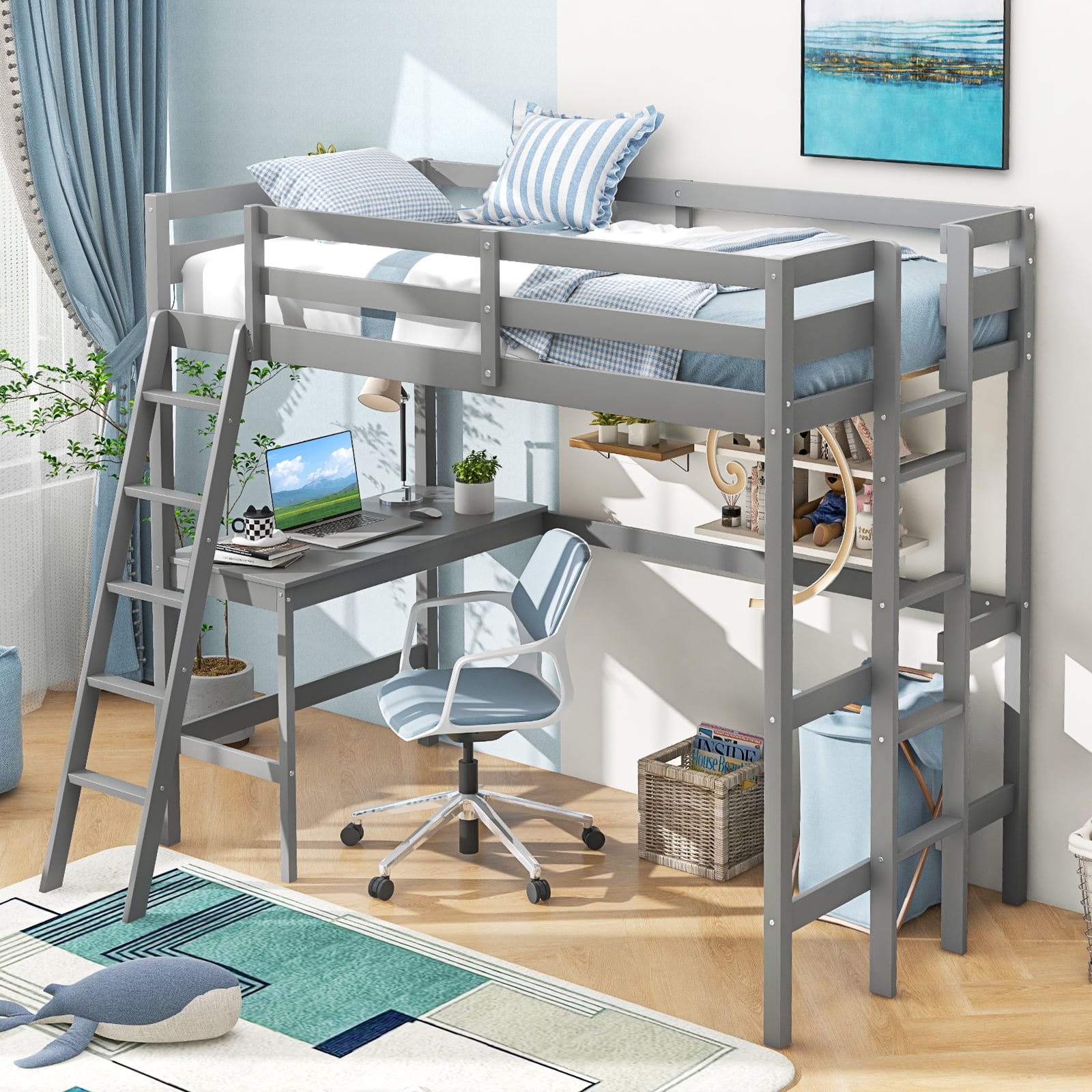 Click here for Costway Twin Size Loft Bed W/ Desk & Shelf 2 Ladde... prices