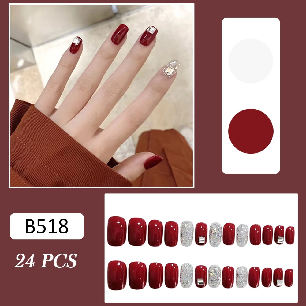Wine Red Artificial Nails Medium-Style Fake Nails with Shiny Diamond ...