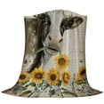 Cow With Sunflower Fleece Throw Blanket Bee Blue Yellow Floral Vintage ...