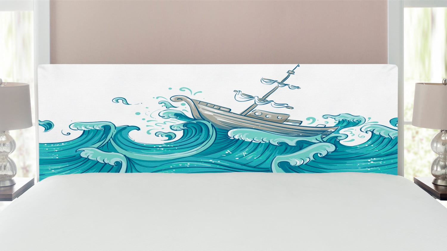 Nautical Headboard, Ship Being Tossed by Giant Ocean Waves Aquatic Old ...