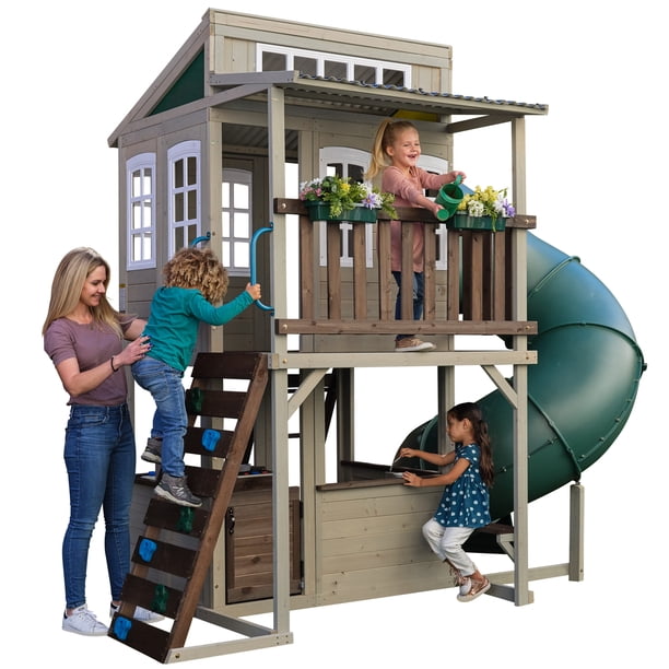 KidKraft Cozy Escape Wooden Outdoor Two-Story Playhouse with Slide ...