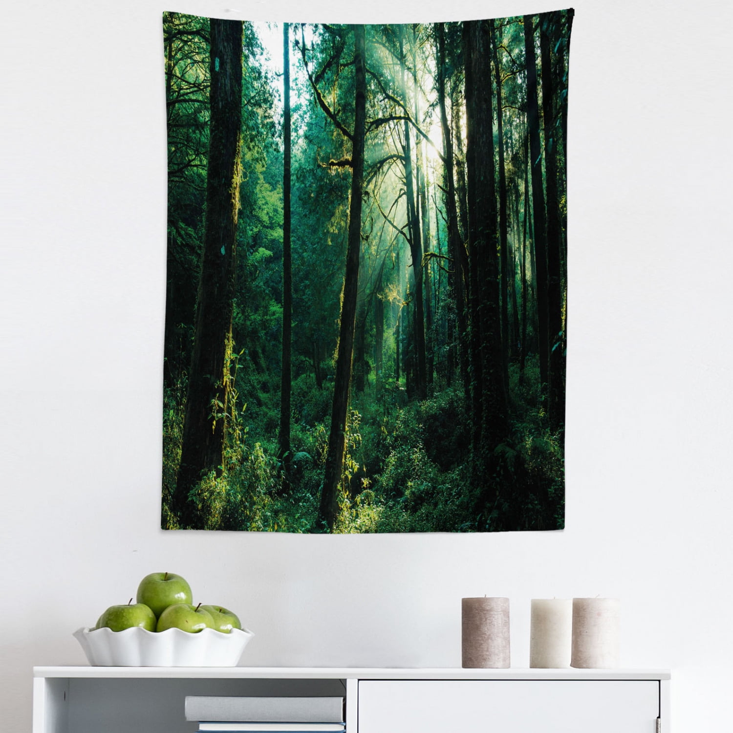 Nature Tapestry, Sunset in Woods Sun Beaming Through Forest Trees ...