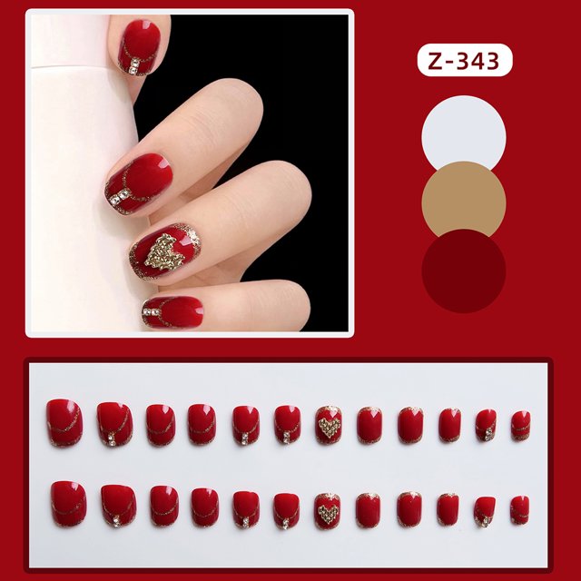 24Pcs Red False Nails Glossy 3D Heart Diamond Fake Nails for Women and ...