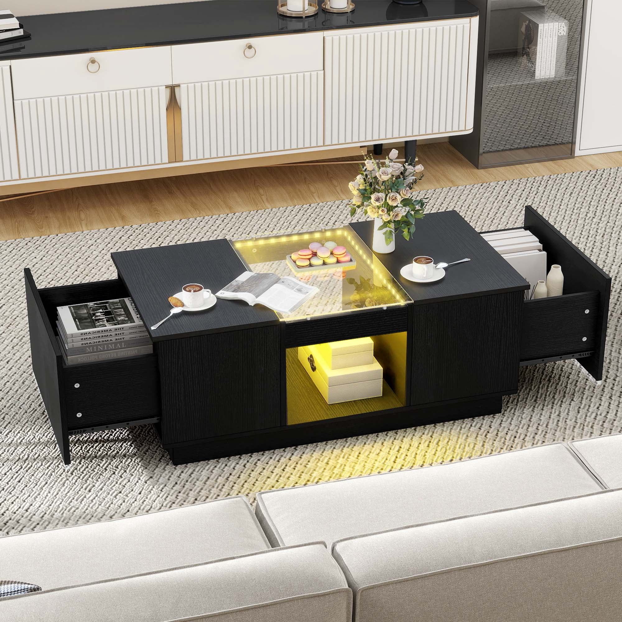 DEXTRUS Modern Black Coffee Table with LED Lights, Large Center Tables ...