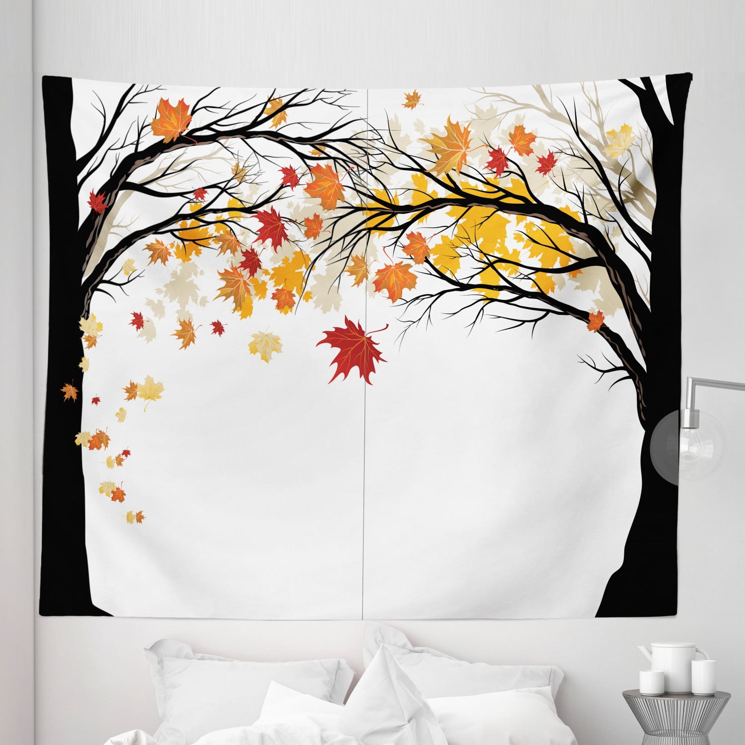 Autumn Tapestry, Framework with Black Tree Silhouettes and Dried Leaves ...