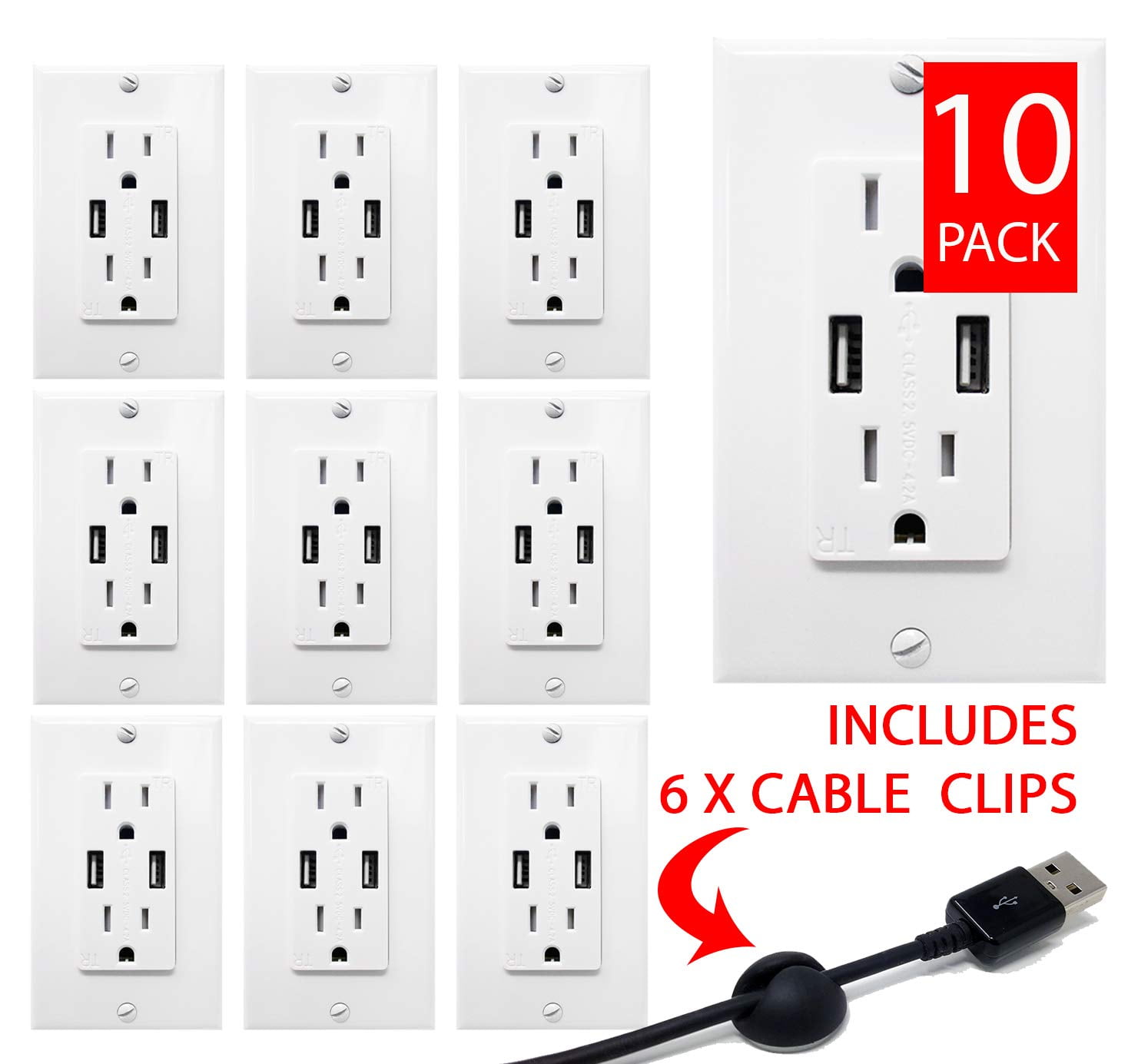 (10) 4.2A High Speed Dual USB Outlet 15A Tamper Resistant Electrical ...
