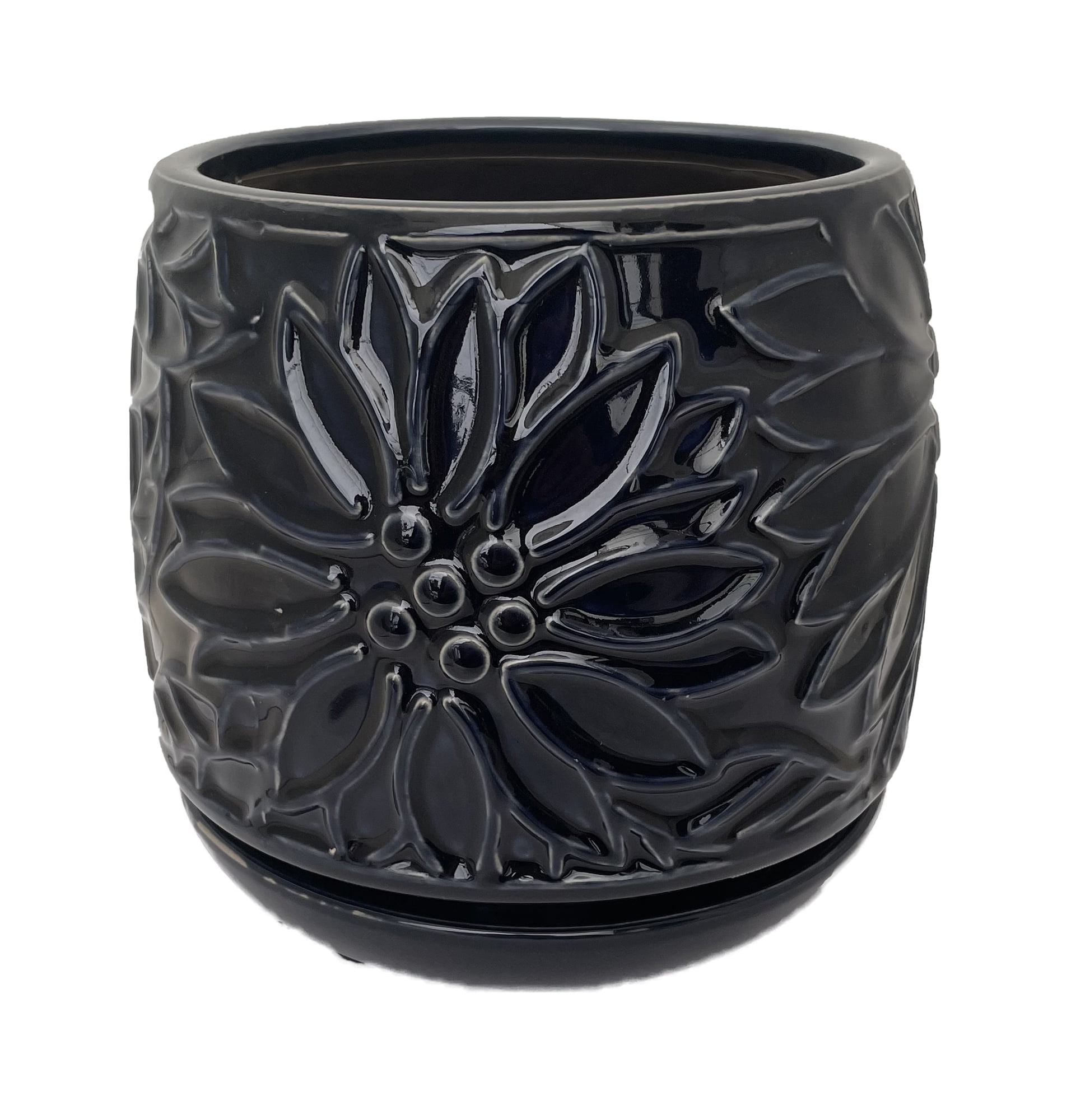 Botanical Delica Ceramic Pot with Attached Saucer - 6" x 6.25" - Dark ...