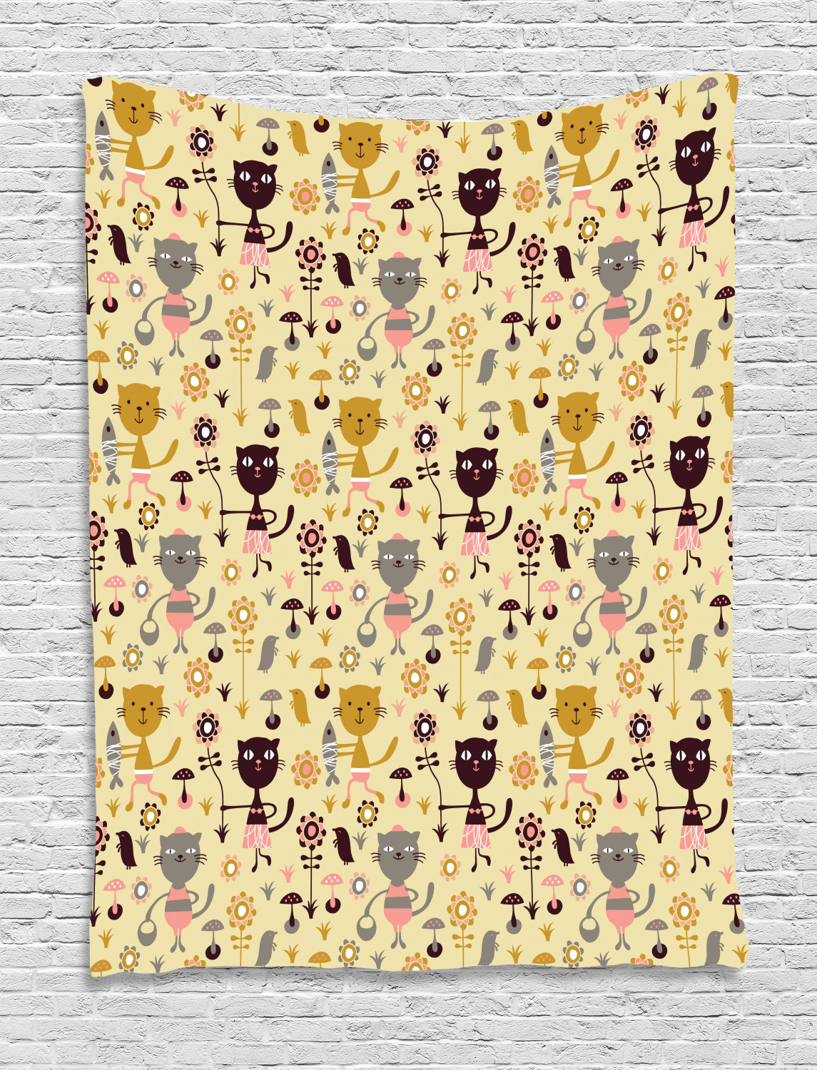 Cat Tapestry, Feline Animals Holding Fish and Flowers in Childish ...