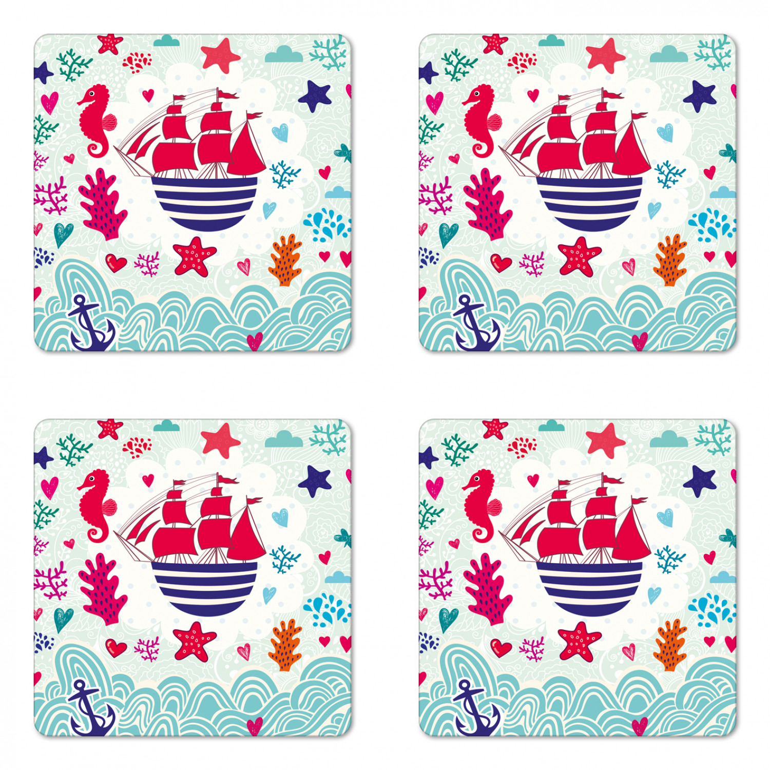 Ocean Coaster Set of 4, Maritime Theme a Sailing Ship Anchor Seahorse ...