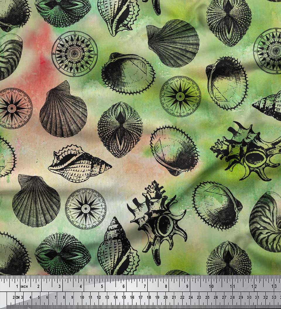 Soimoi Satin Silk Fabric Direction Compass & Seashell Ocean Print ...